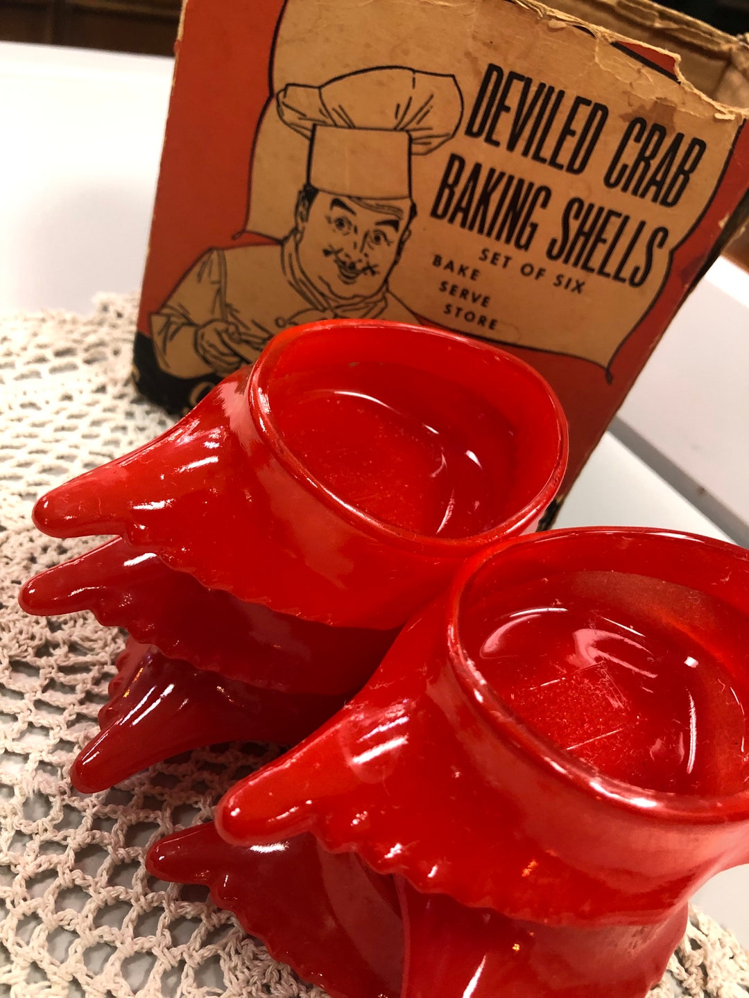 RARE FIND Set of 6 RED Deviled Crab Baking Shells by Mckee Glassbake - Etsy