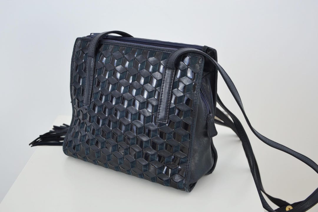 Vintage Cosci Italian Leather Shoulder Bag Navy Blue Tassel Zip Tag ...