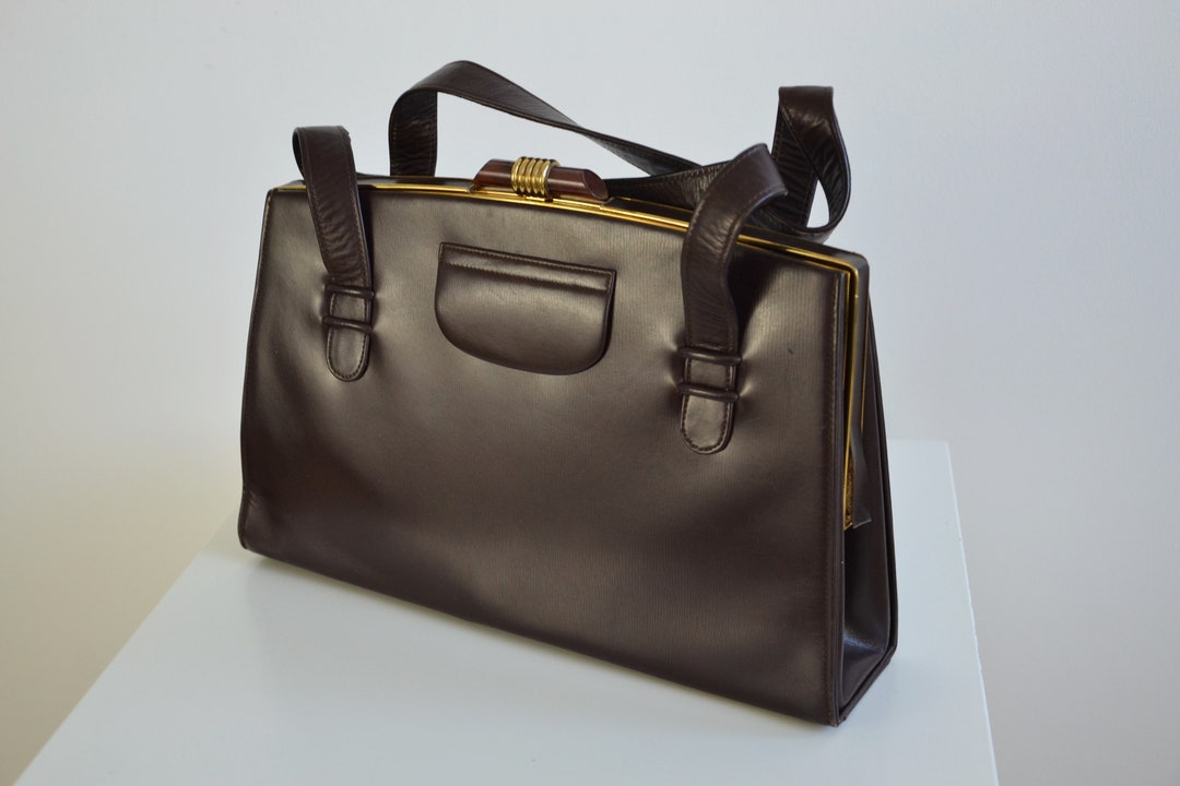 Vintage 50s Leather Framed Handbag Brown Suede Lining Coin Purse Kiss ...