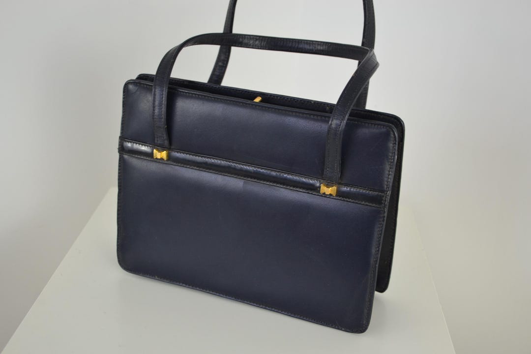 Vintage Widegate London English Leather Handbag Navy Blue Elbief ...