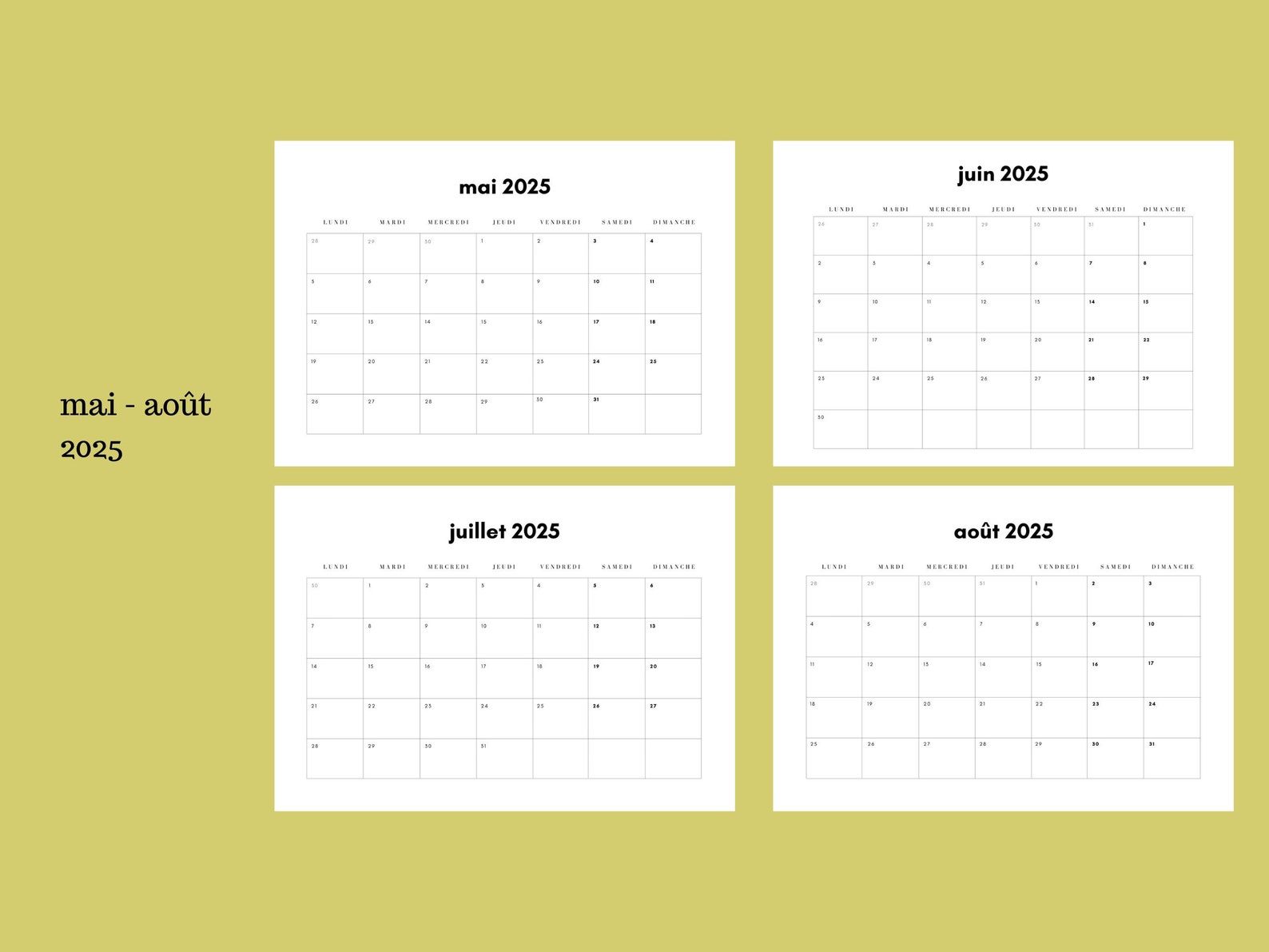 Calendrier Mensuel 2025 Digital à Imprimer En Français // 12 Mois De ...