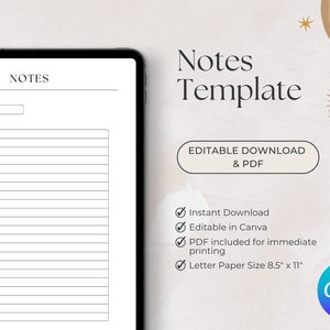 Notes Template, Canva Template, Digital Download, Printable PDF ...
