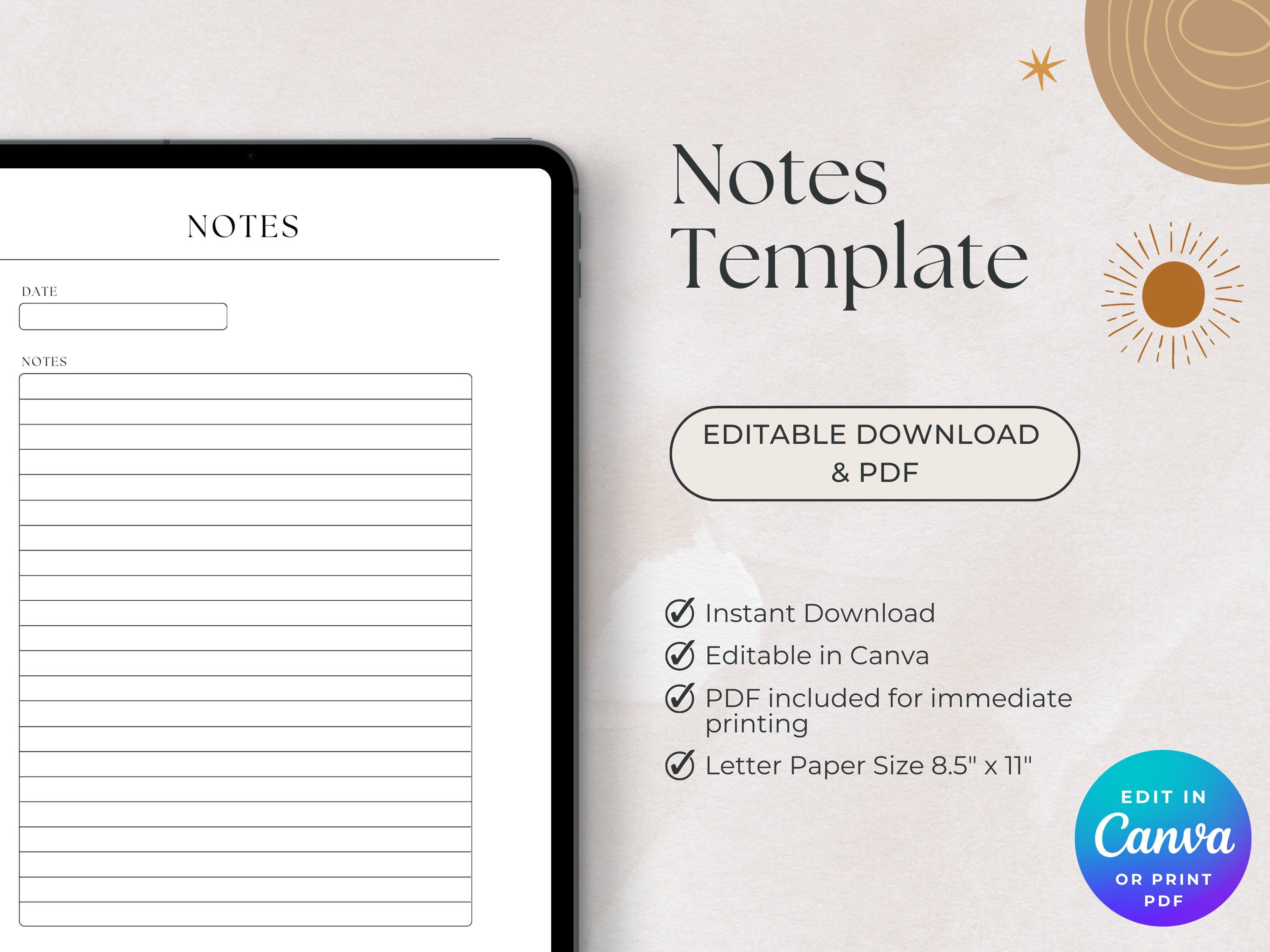 Notes Template, Canva Template, Digital Download, Printable PDF ...
