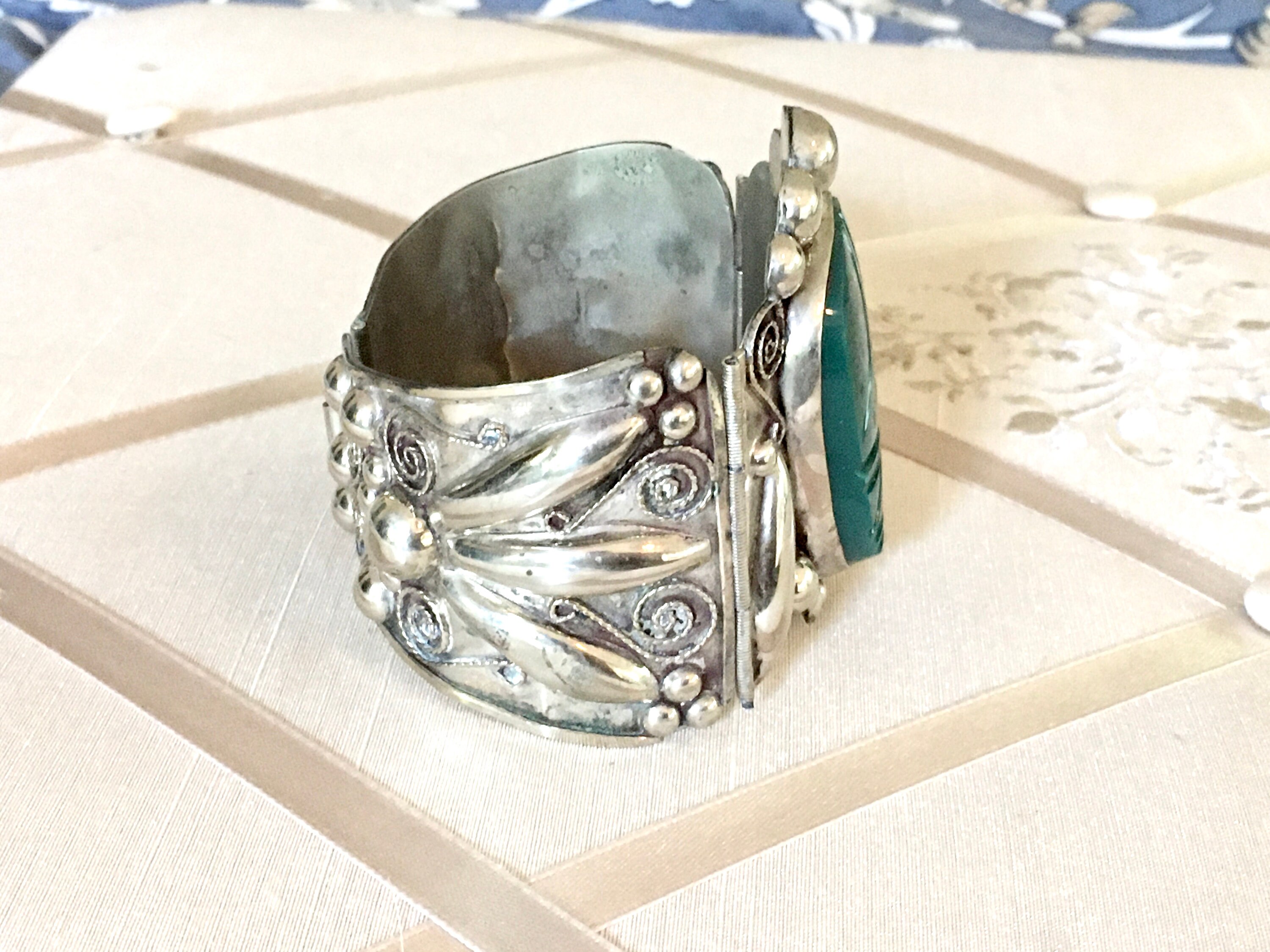 Vintage Mexican Silver Aztec Cuff Bracelet With Carved Green Stone ...