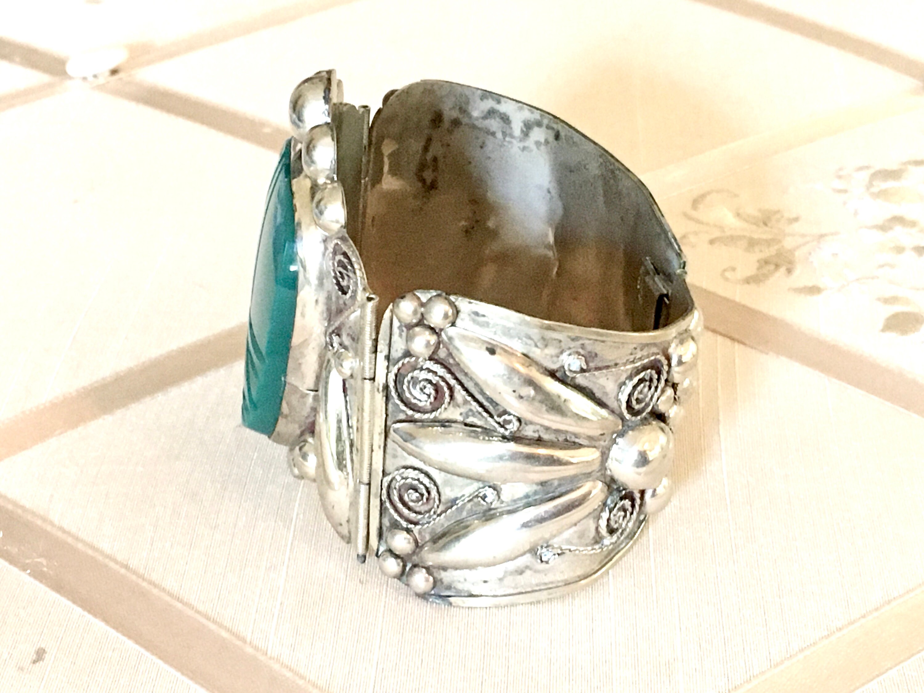 Vintage Mexican Silver Aztec Cuff Bracelet With Carved Green - Etsy
