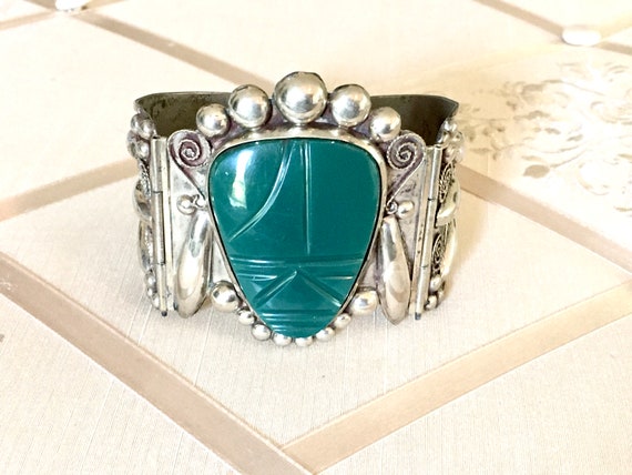 Vintage Mexican Silver Aztec Cuff Bracelet With Carved Green | Etsy