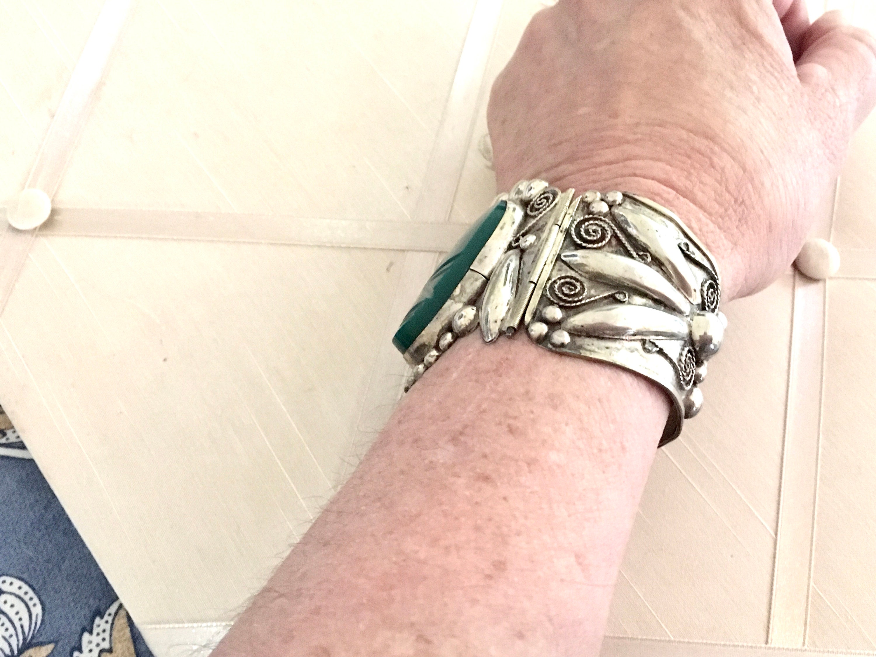 Vintage Mexican Silver Aztec Cuff Bracelet With Carved Green Stone ...