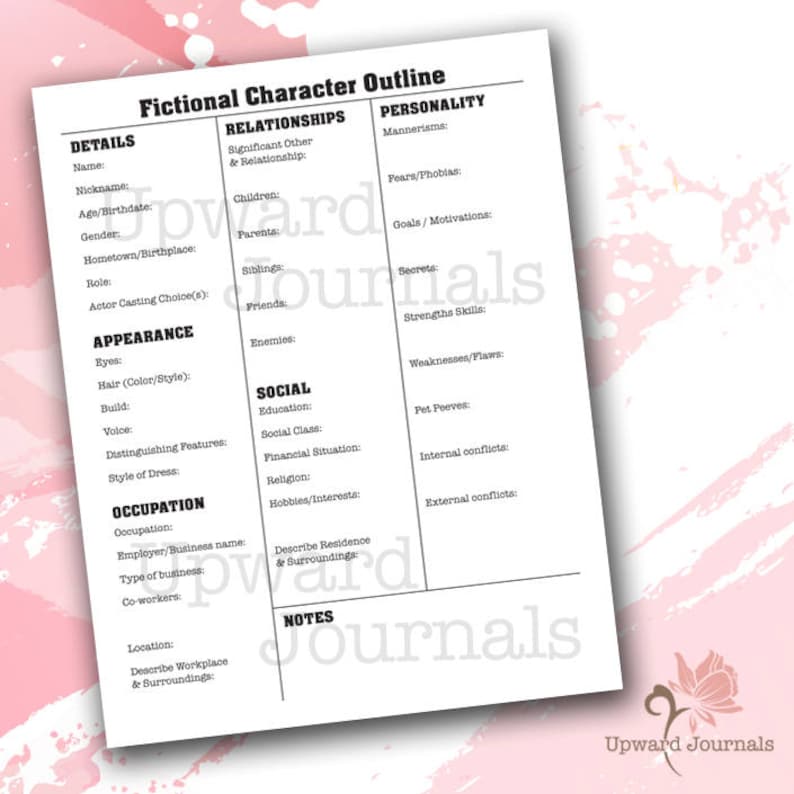 8.5x11 Fiction Novel Writing Character Outline - Etsy