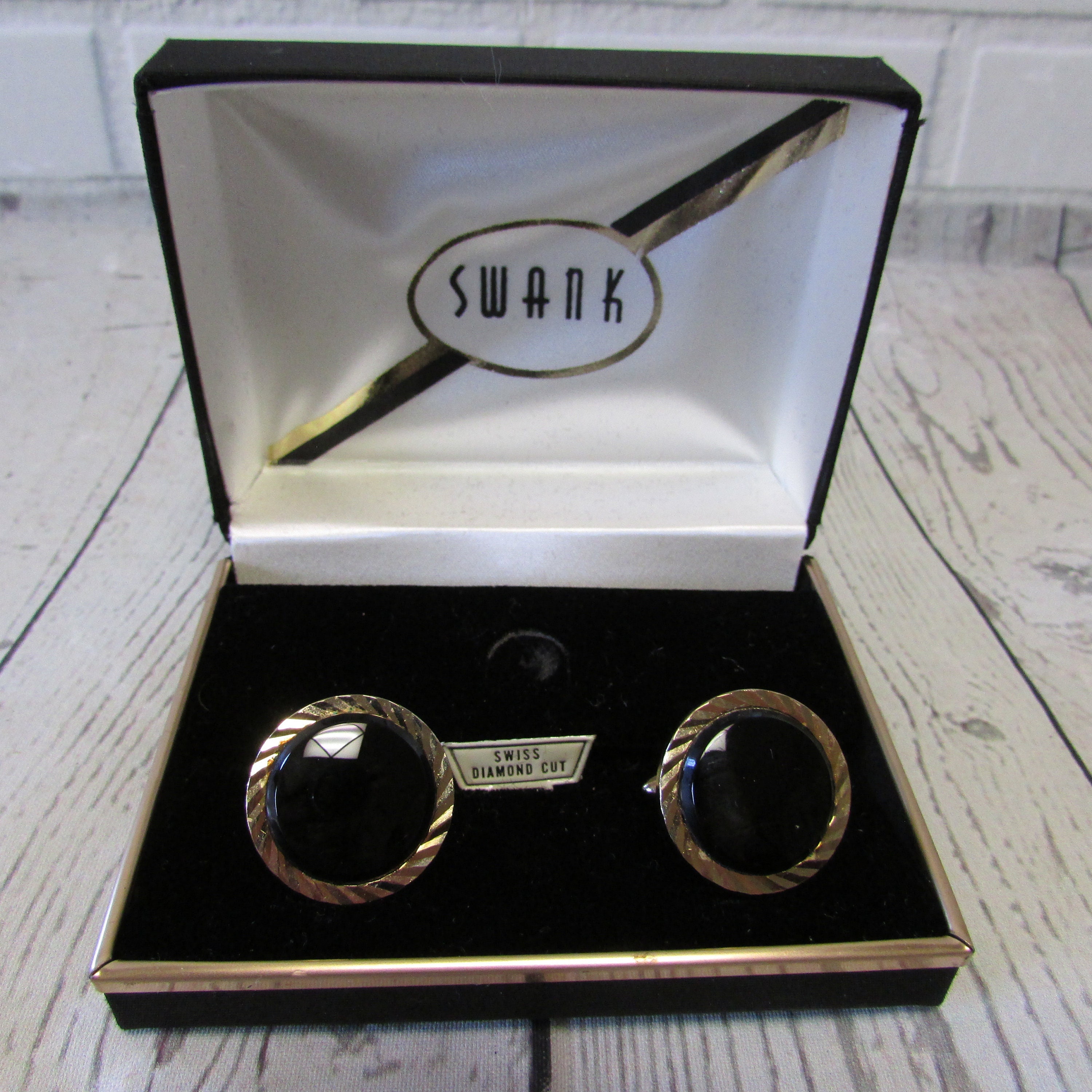 Vintage SWANK Black Cufflinks//round Men's Cufflinks Gold Tone Edges ...