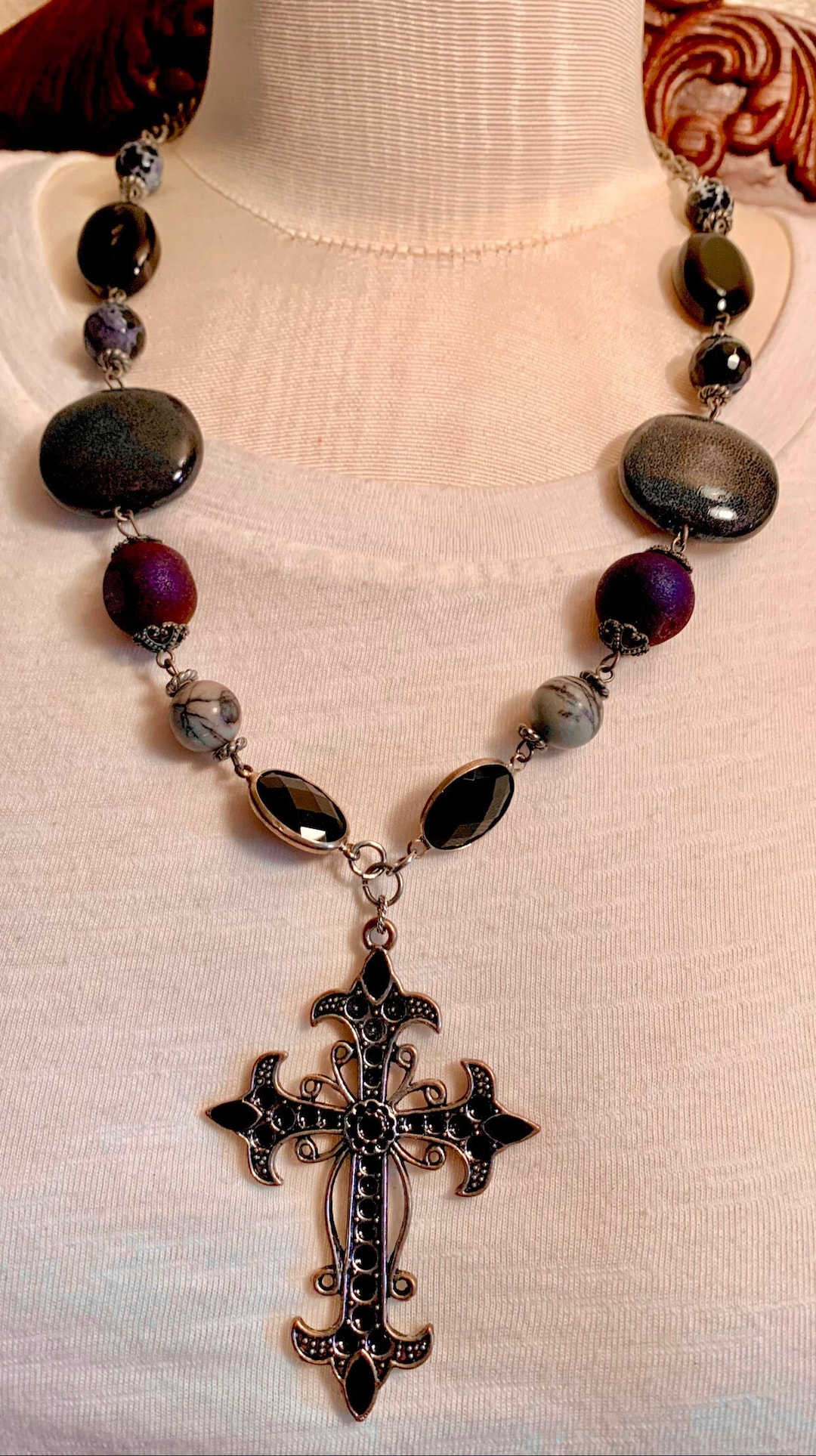 Gothic Cross and Stones Necklace - Etsy