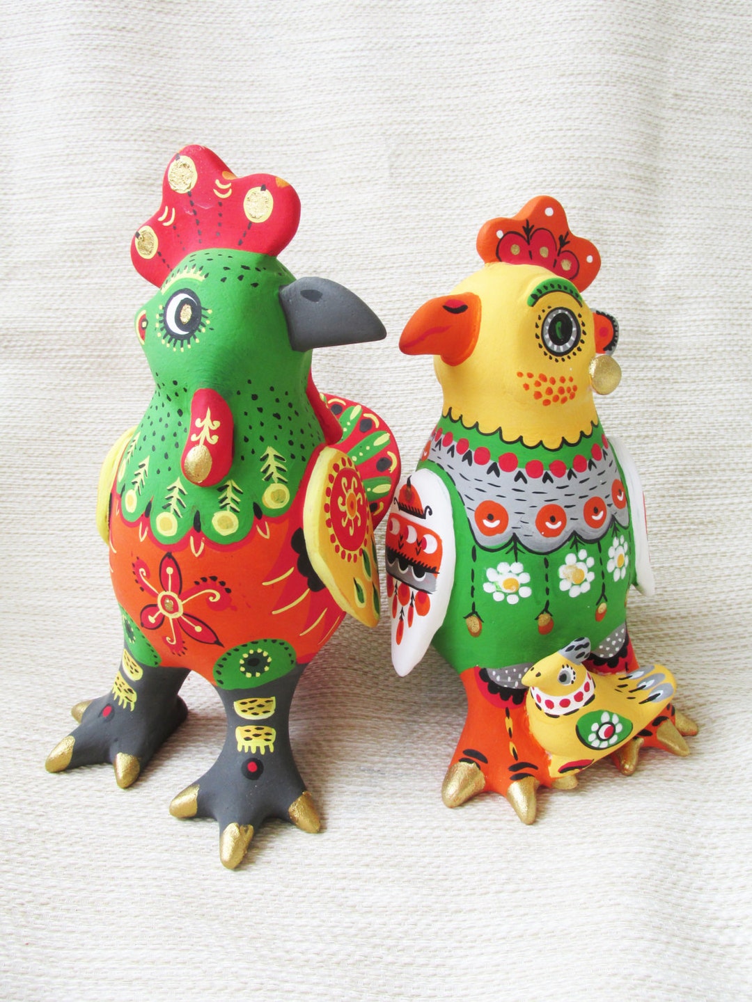 Family of Rooster. Ceramic Sculpture Primitive Art Collectible Art ...