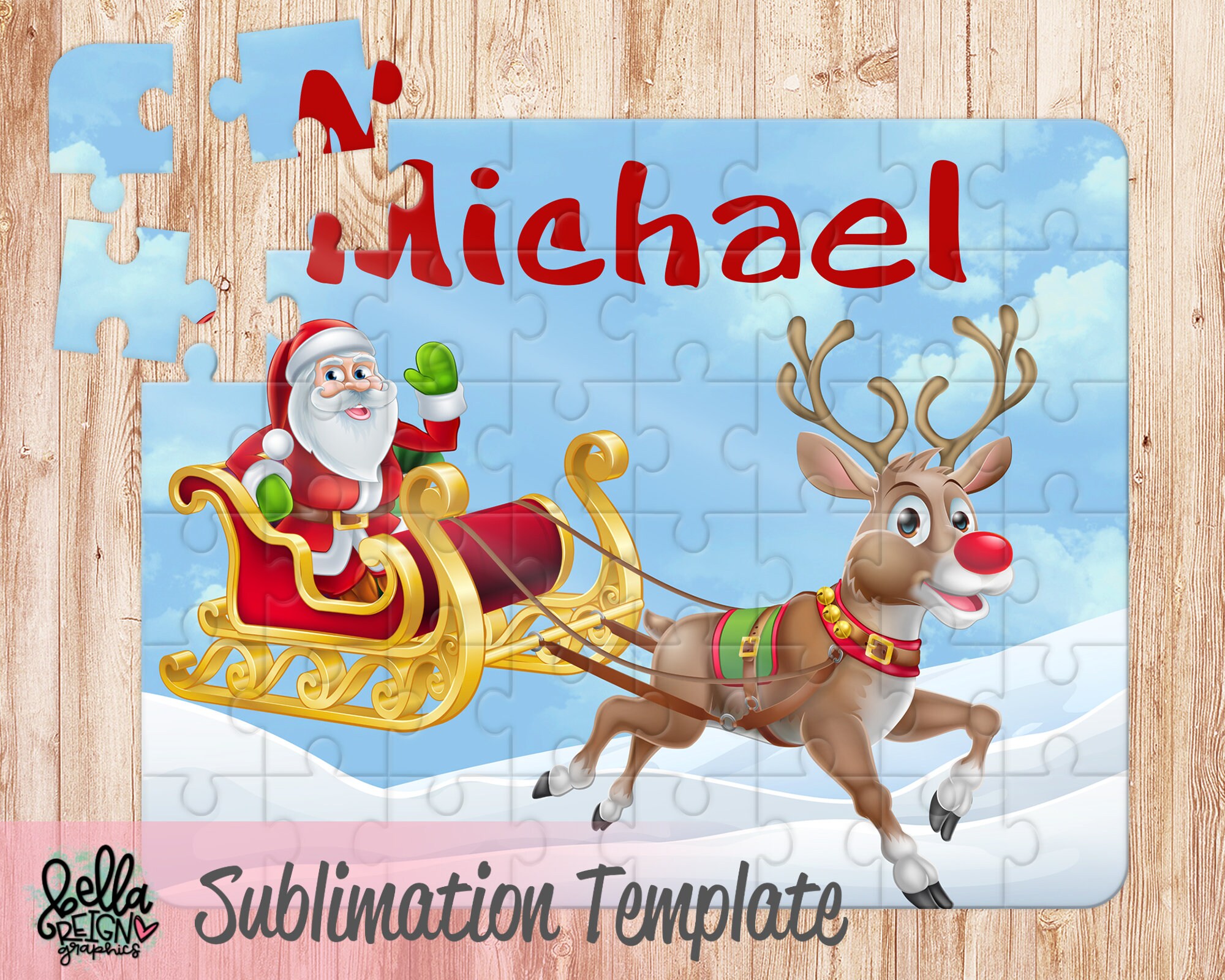 Christmas Puzzle Sublimation Design - Rudolph and Santa Puzzle Template ...
