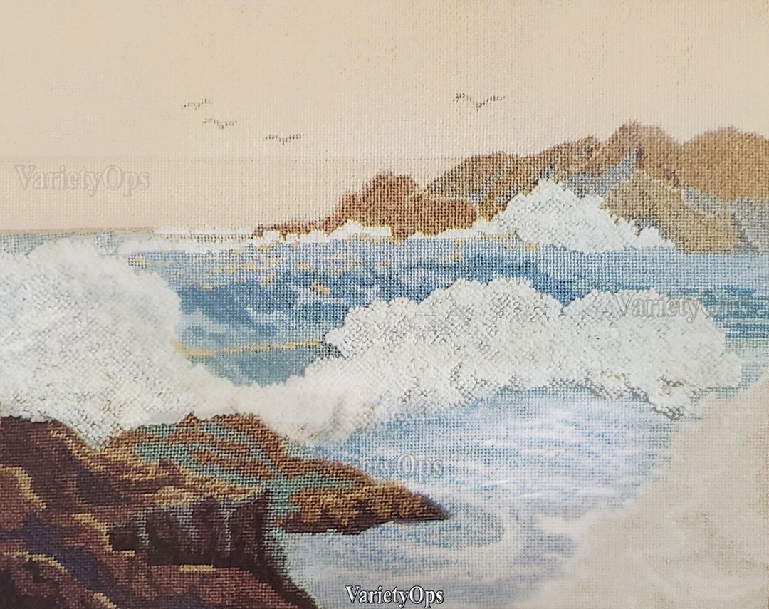 Vintage 80's SEASCAPE Needlepoint Kit by Spinnerin 20x16, Sea, Shore ...