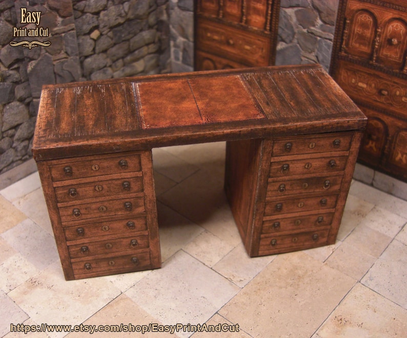 Miniature Medieval Desk, for 1:12 Scale Doll Houses, Dioramas, Roombox ...