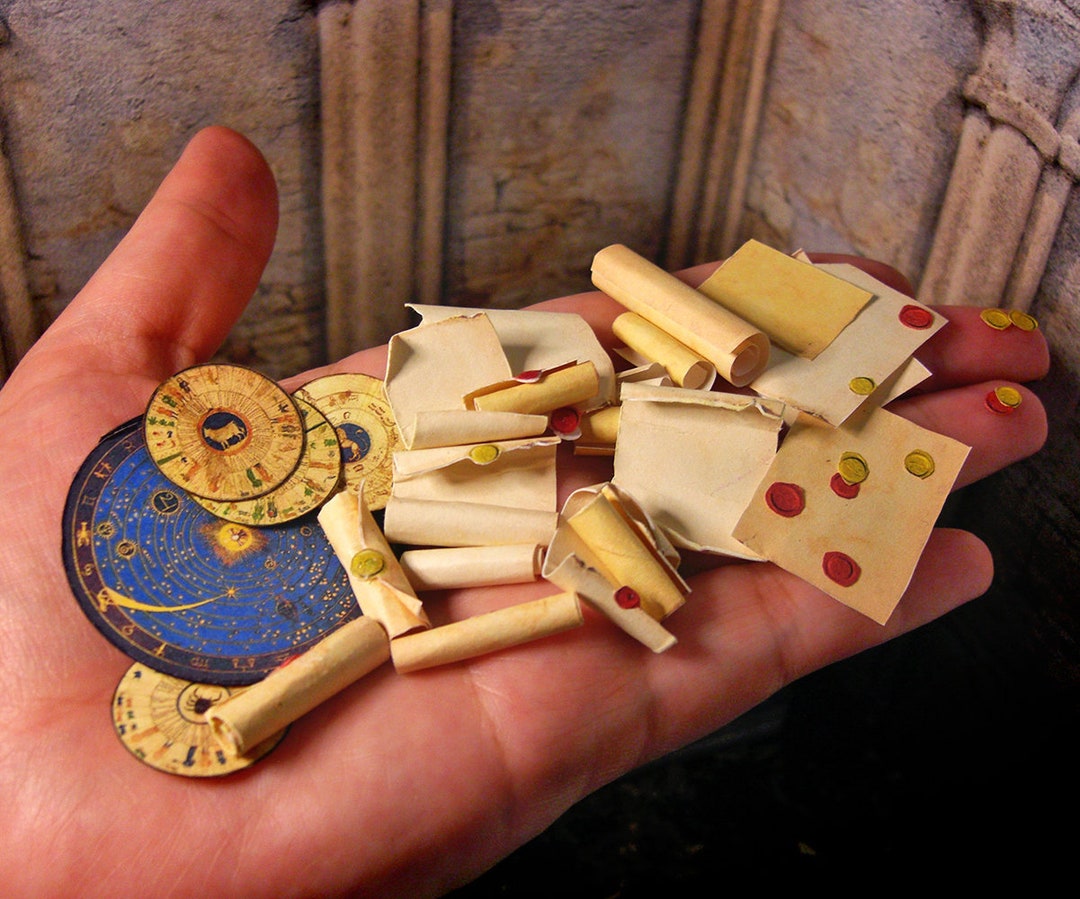 Miniature Antique Scrolls, 5 Medieval Zodiac Charts and Stellar Map ...