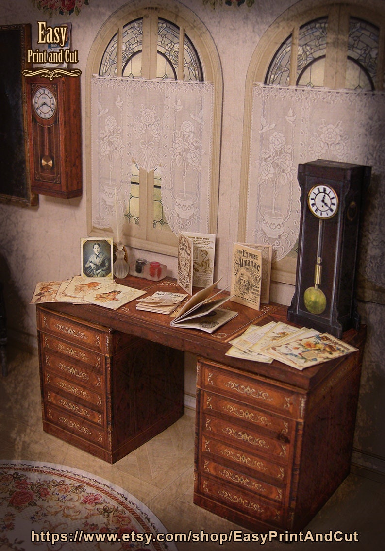 Miniature Victorian Desk, for 1:12 Scale Doll Houses, Dioramas, Roombox ...