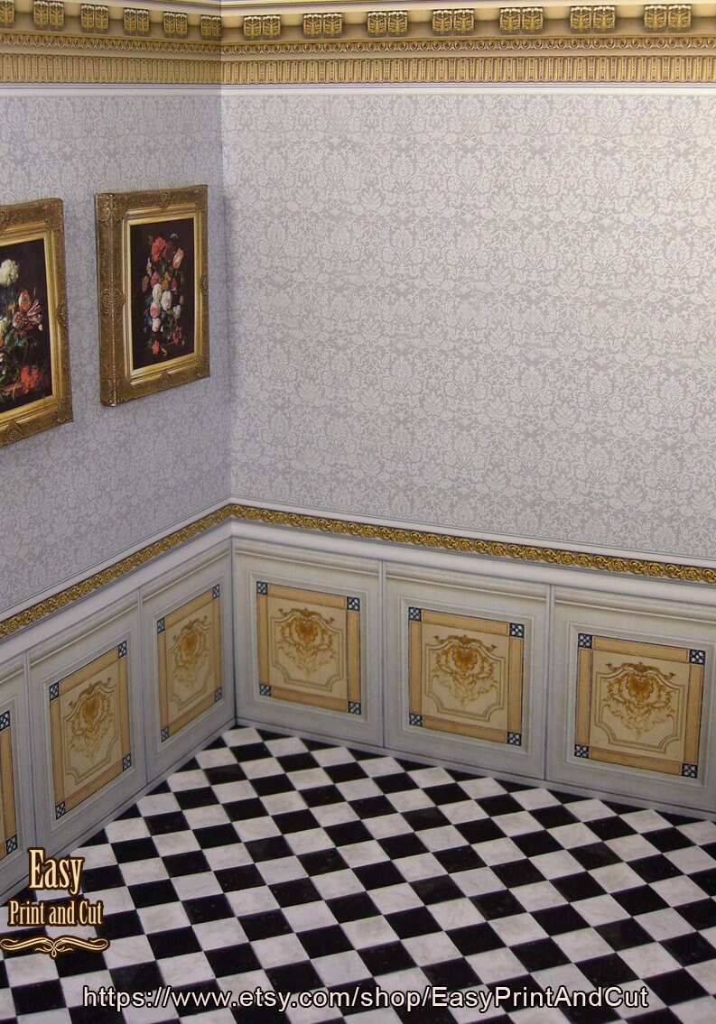 Dollhouse Wallpaper for 1:12 Scale Miniatures, With Decorative Golden ...