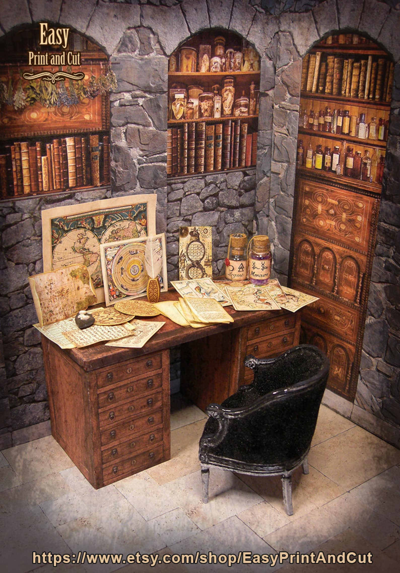 Miniature Medieval Desk, for 1:12 Scale Doll Houses, Dioramas, Roombox ...