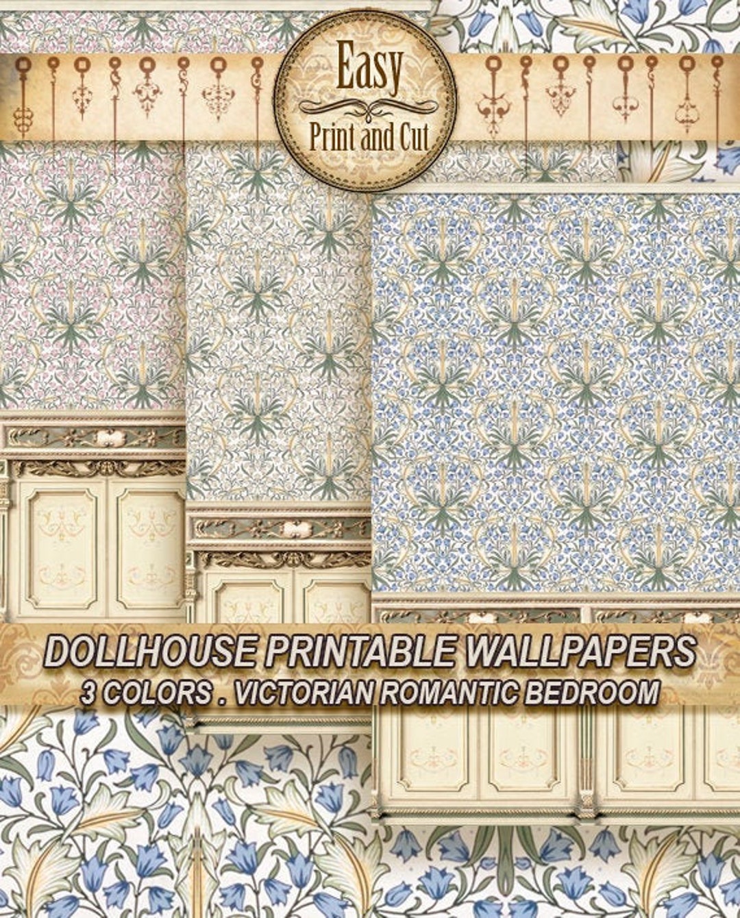 Dollhouse Wallpaper, 3 Victorian Romantic Bedroom. Wood Panel. Tiles ...