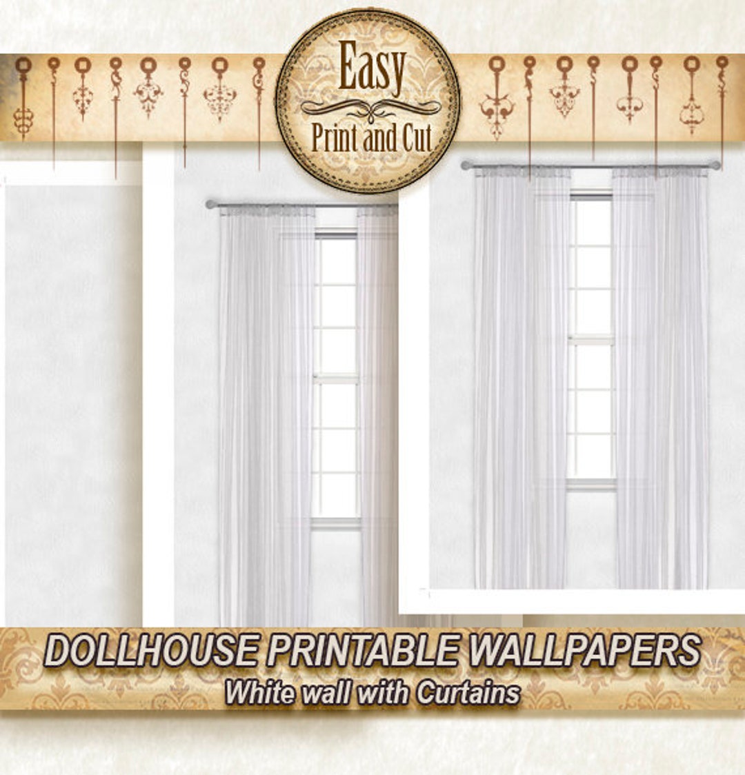 Miniature Printable Wallpaper, White Wall With 2 Windows With Curtains ...