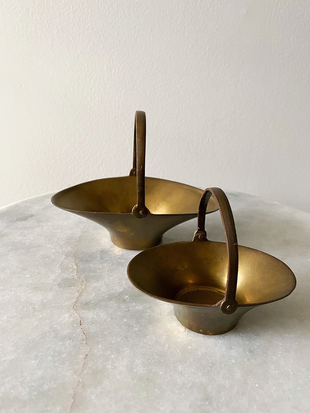 Set of 2 Vintage MCM Solid Brass Baskets With Hinged Movable Handles ...