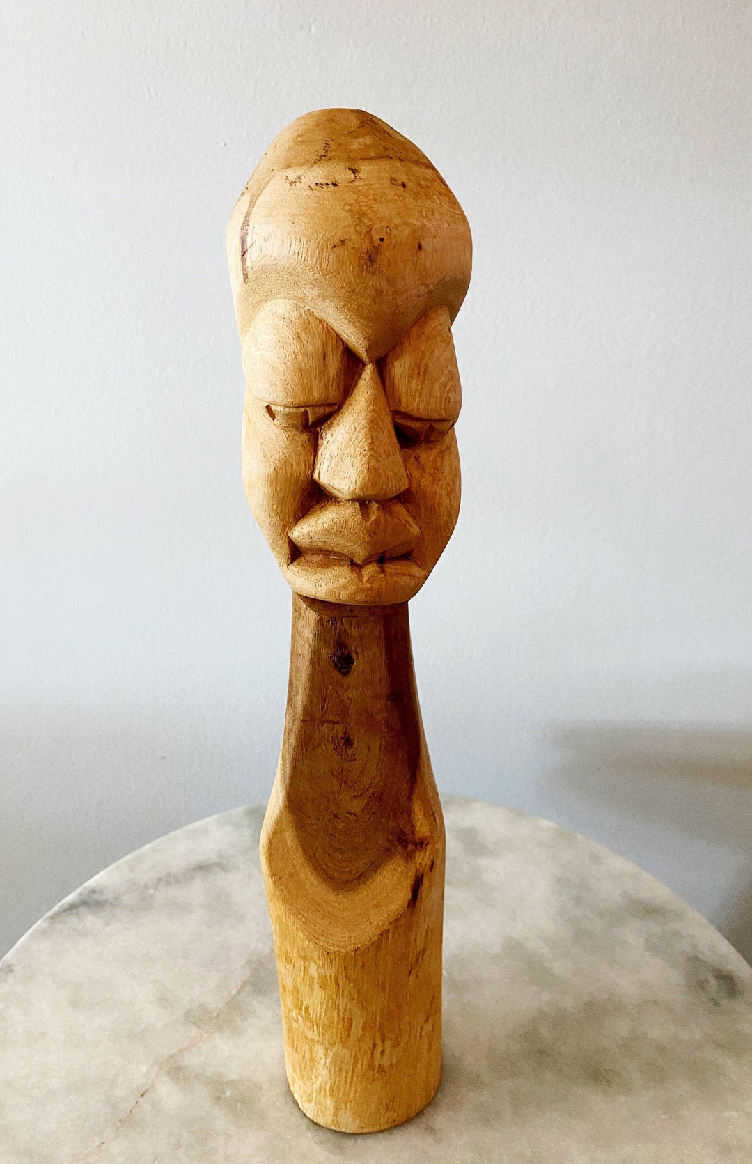 Vintage Hand Carved Wood Bust Sculpture - Long Neck Folk Art Primitive ...