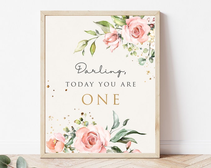 First Birthday Sign, 1st Birthday Party Sign, Flowers Pink and Gold ...