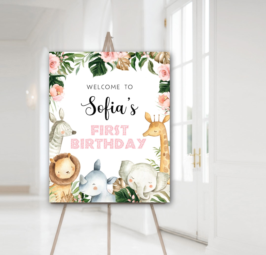 Safari Wild One Welcome Sign, Wild One Birthday, Safari Jungle Leaves ...