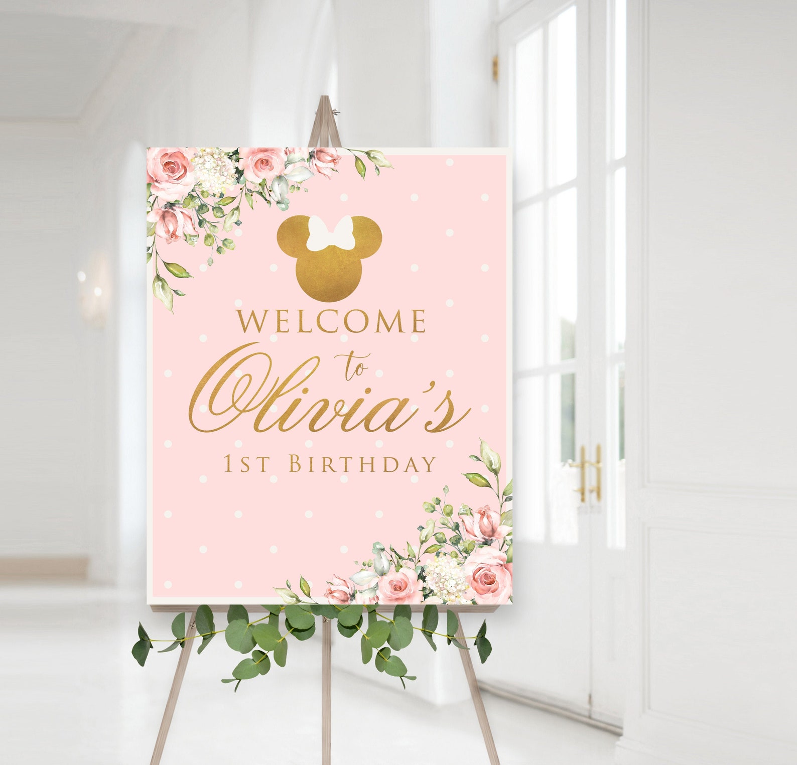 Minnie Mouse Welcome Sign, Minnie Mouse Birthday, Blush Pink and Gold ...