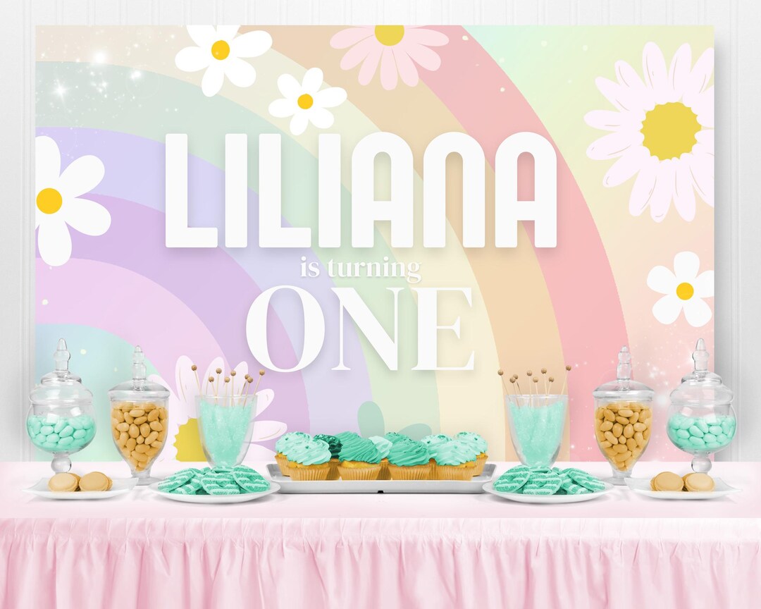 Daisy Pastel Rainbow Birthday Backdrop, Birthday Party Banner, Rainbow ...
