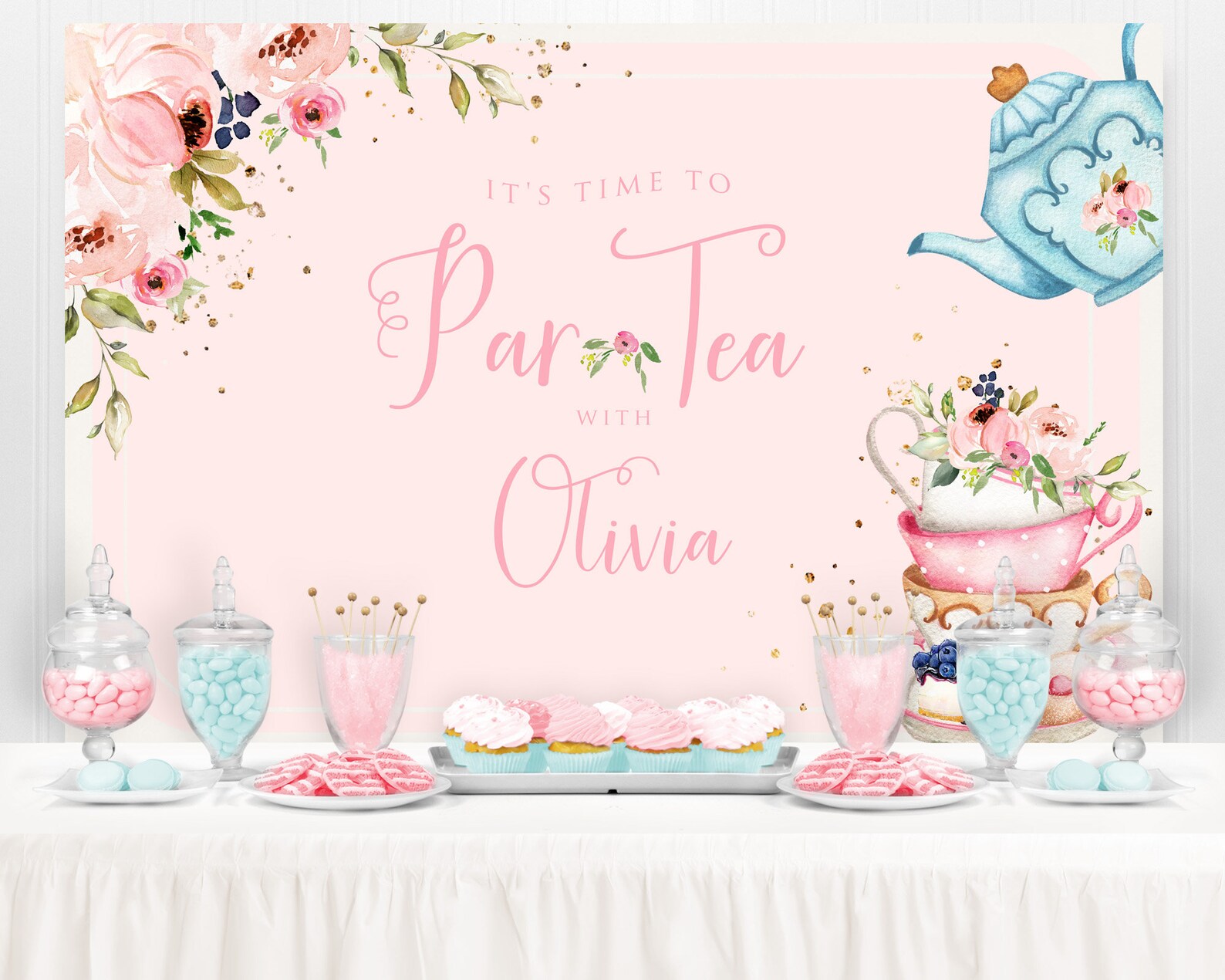 Tea Birthday Backdrop, Whimsical Tea Party Backdrop, Par-tea Birthday ...