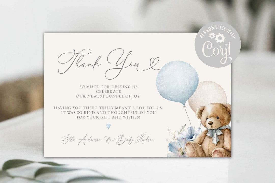 Teddy Bear Thank You Card Birthday, Thank You Note, We Can Bearly Wait ...
