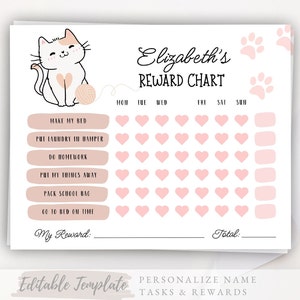 Editable Cat Reward Chart Cat Behavior Chart Kitty Reward Chart Girls ...