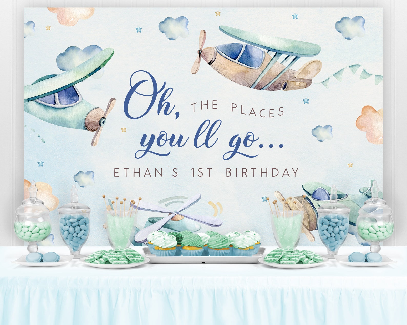 Airplane Birthday Backdrop Banner, Vintage Blue Airplane Backdrop ...