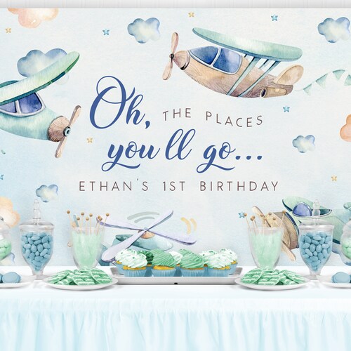 Airplane Birthday Backdrop Banner Vintage Blue Airplane | Etsy