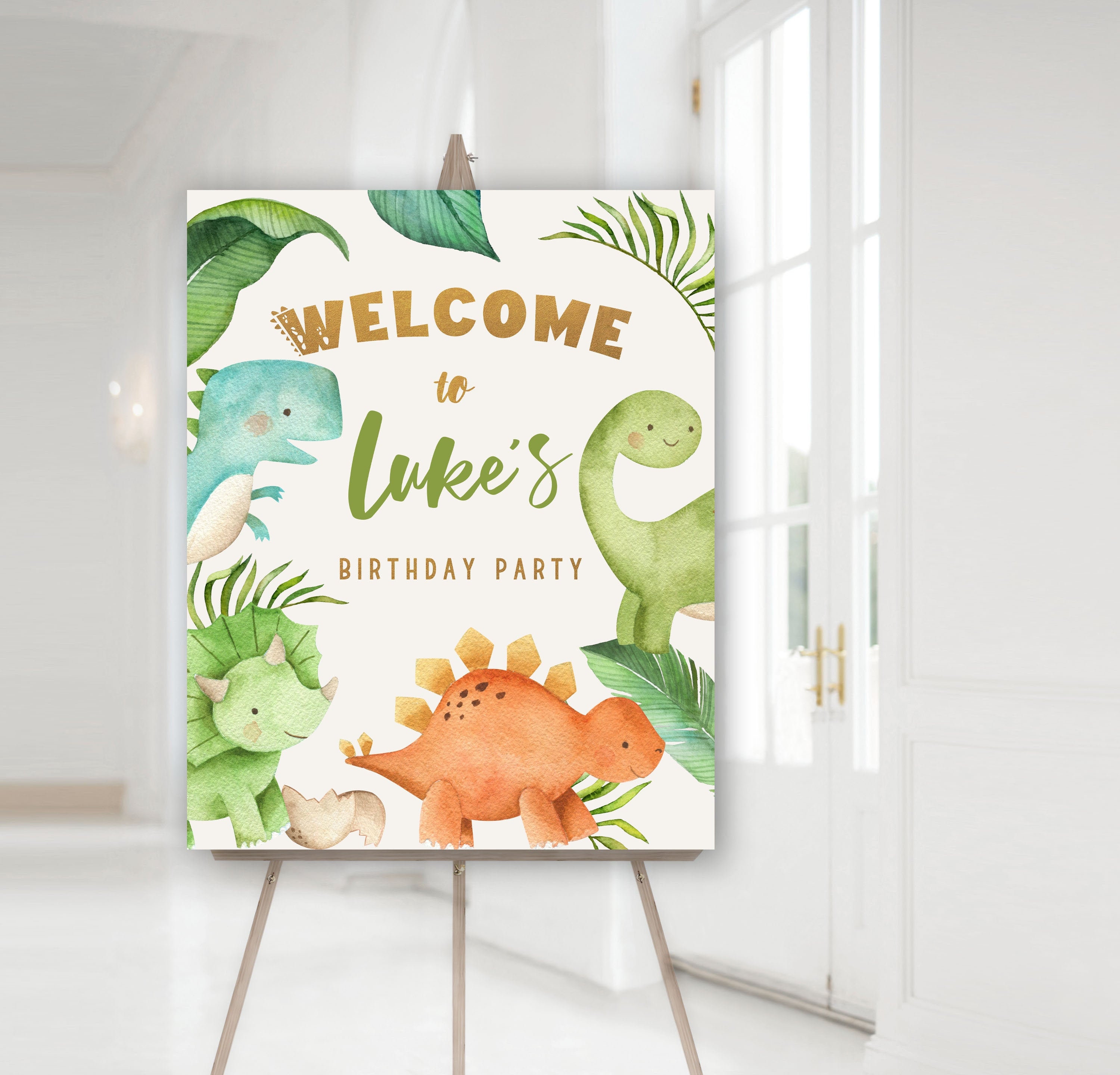 Dinosaur Welcome Sign Boy Green and Gold Dino Party Decor - Etsy