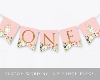 Blush Pink Floral Bunting, Floral DIY Banner Template, Boho Custom ...