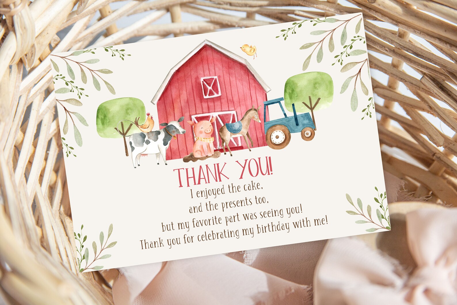 Farm Thank You Card Birthday Thank You Note Farm Animals - Etsy