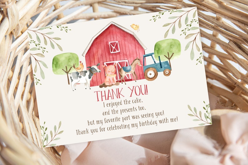 Farm Thank You Card Birthday Thank You Note Farm Animals - Etsy