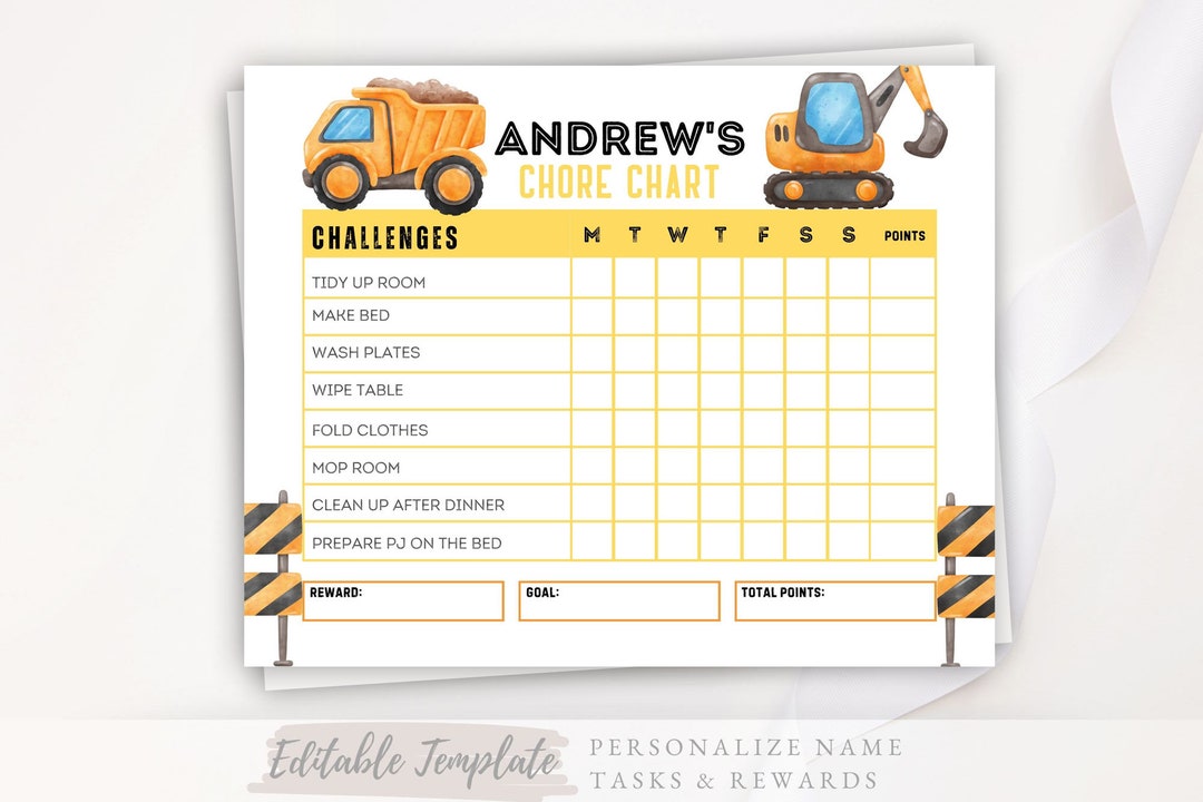 Editable Construction Reward Chart Behavior Chart Construction Truck ...