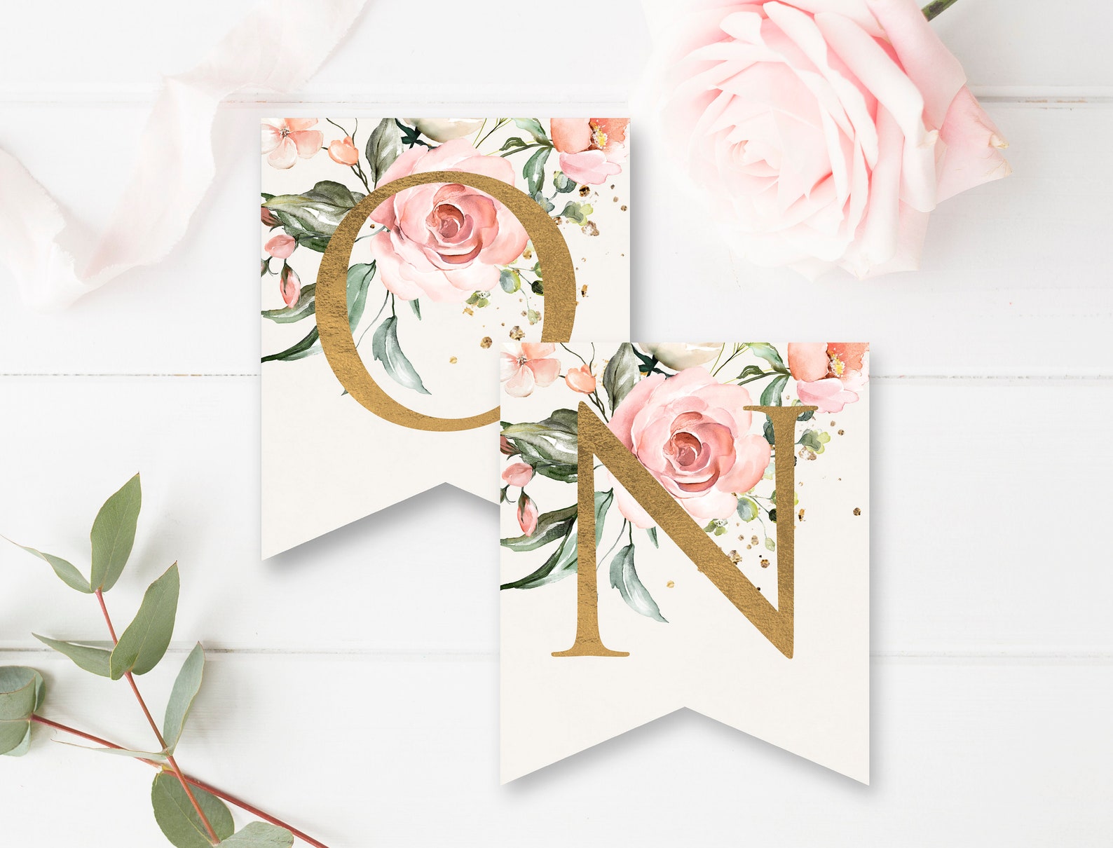 Blush Pink Floral Bunting Floral DIY Banner Template Boho - Etsy