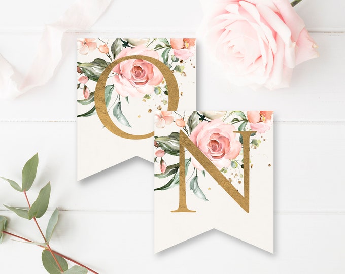 Blush Pink Floral Bunting, Floral DIY Banner Template, Boho Custom ...