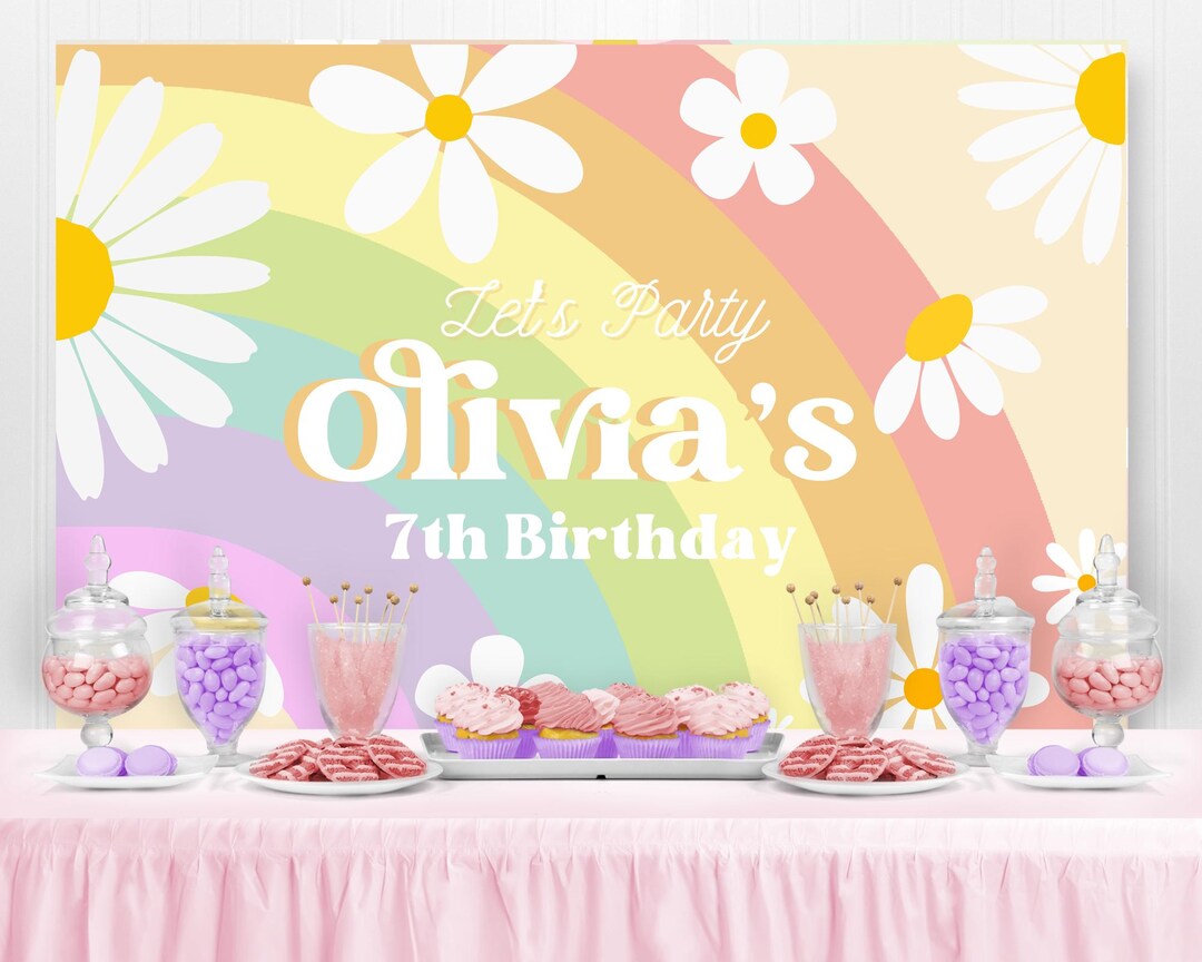 Daisy Pastel Rainbow Birthday Backdrop, Birthday Party Banner, Rainbow ...