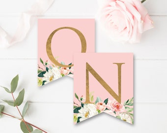 Blush Pink Floral Bunting, Floral DIY Banner Template, Boho Custom ...