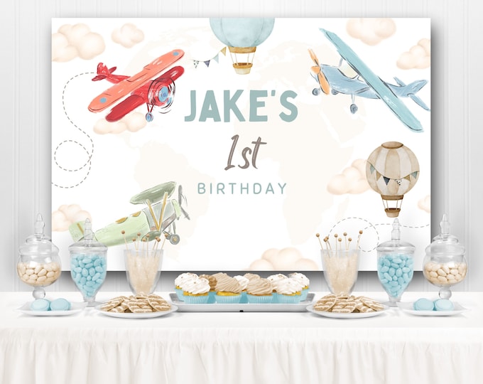 Airplane Birthday Backdrop, Travel Airplane Baby Shower Backdrop ...