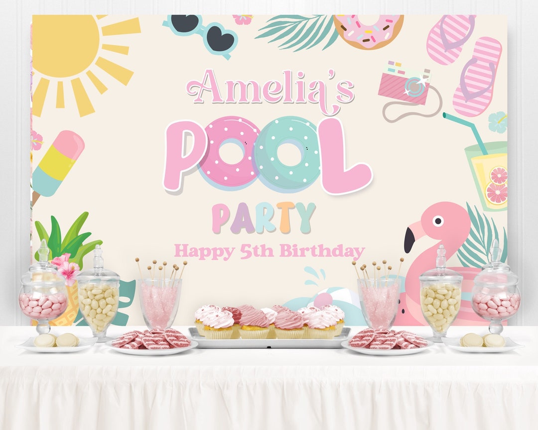 Pool Party Backdrop, Birthday Backdrop, Tropical Splish Splash Girly ...
