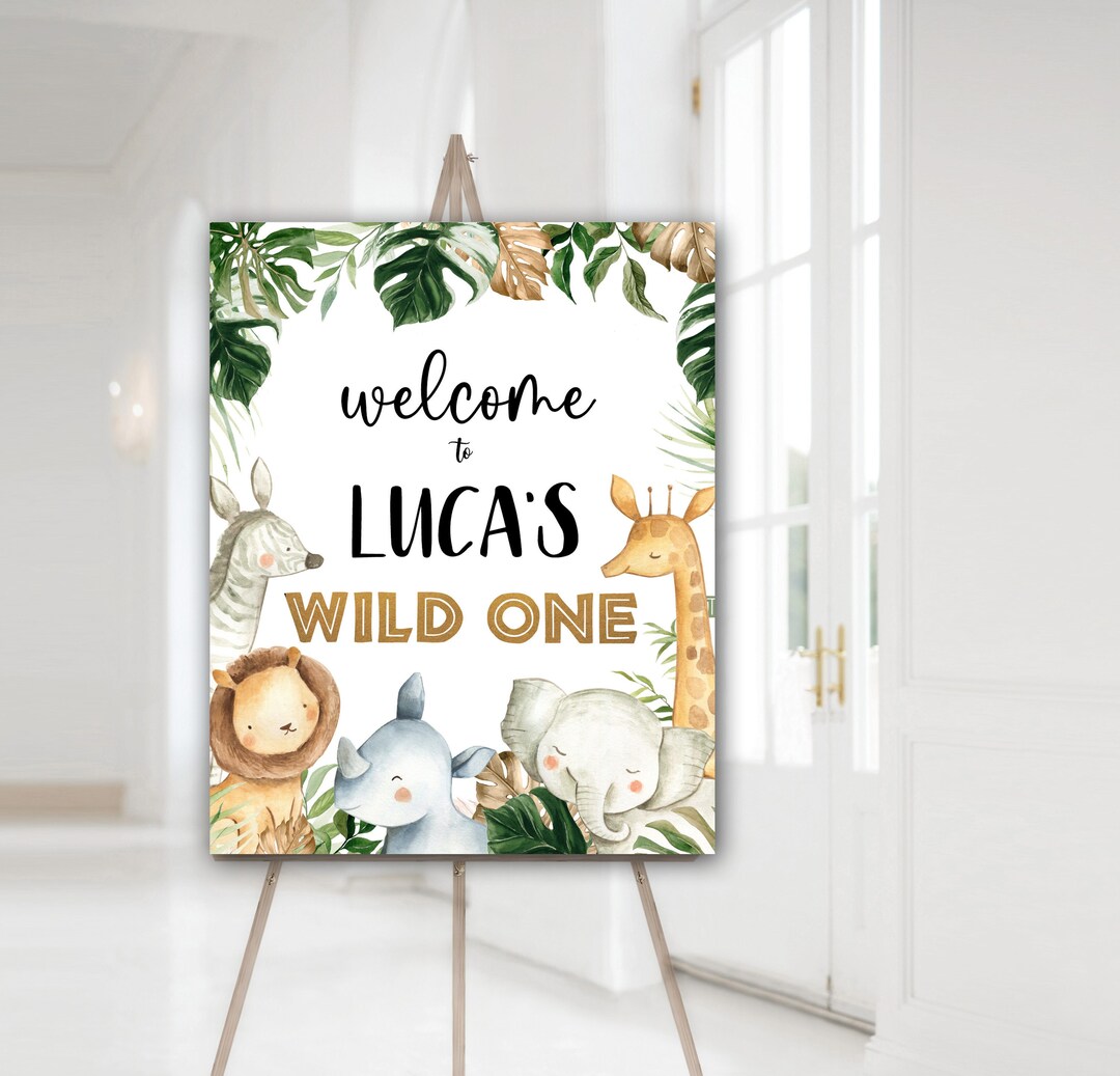 Safari Wild One Welcome Sign, Wild One Birthday, Safari Jungle Leaves ...