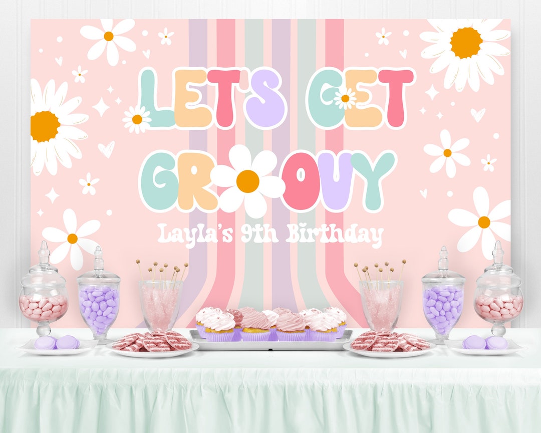 Let's Get Groovy Birthday Backdrop, Retro Floral Daisy Birthday, Girl ...