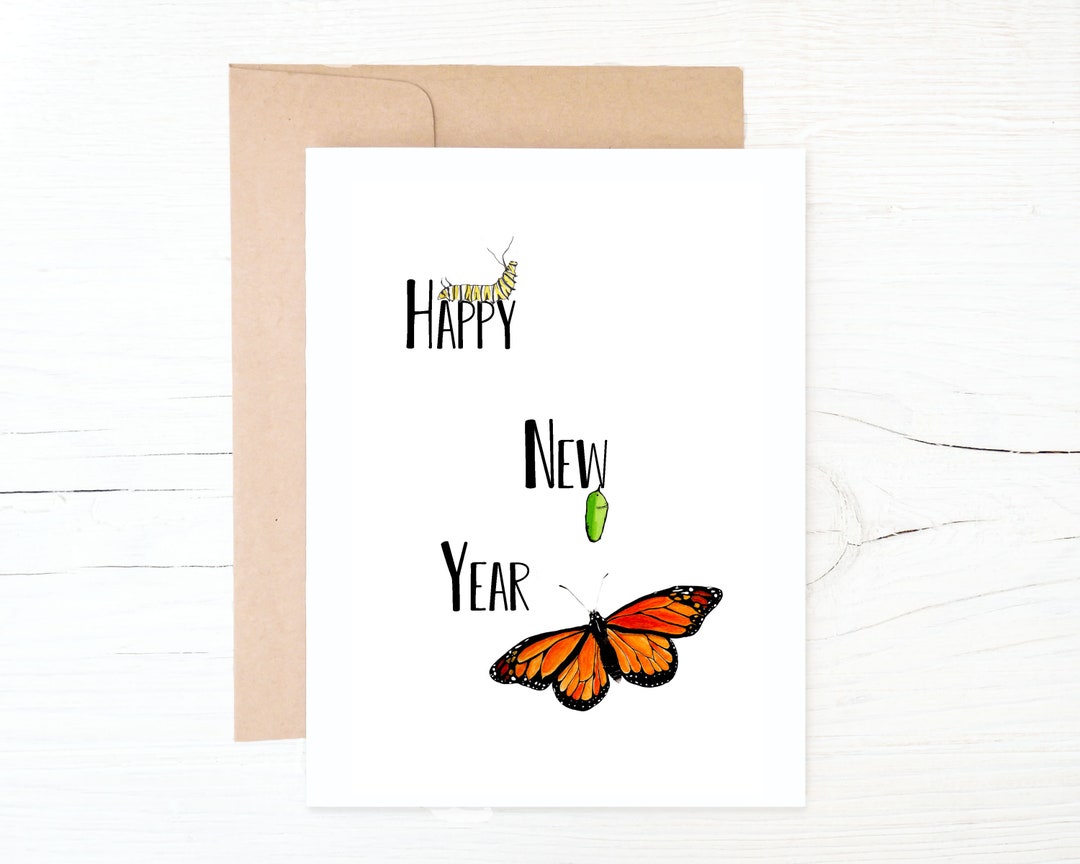 Happy New Year Butterfly Card • Metamorphosis Watercolor • Blank Inside ...