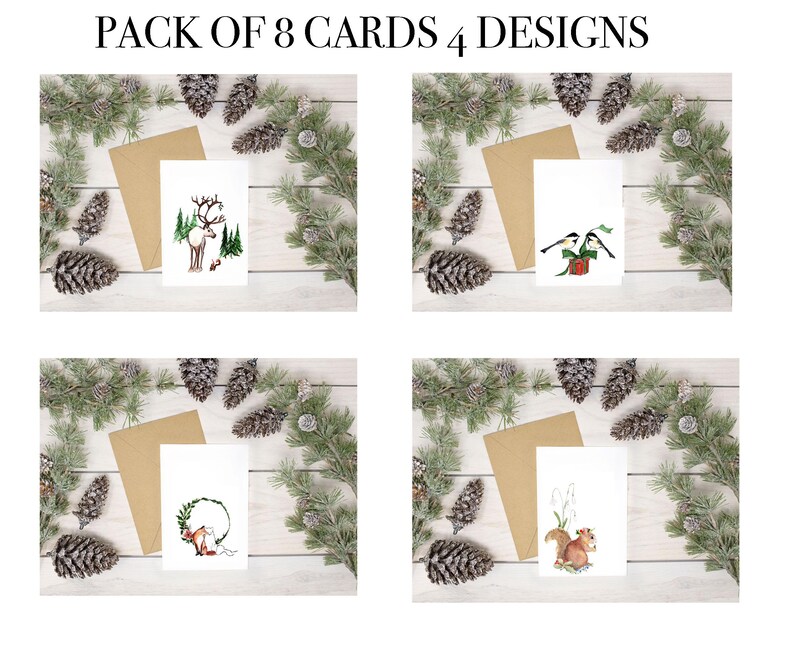 Holiday Woodland Creatures Card Set – 8-pack Watercolor Cards- 100% ...